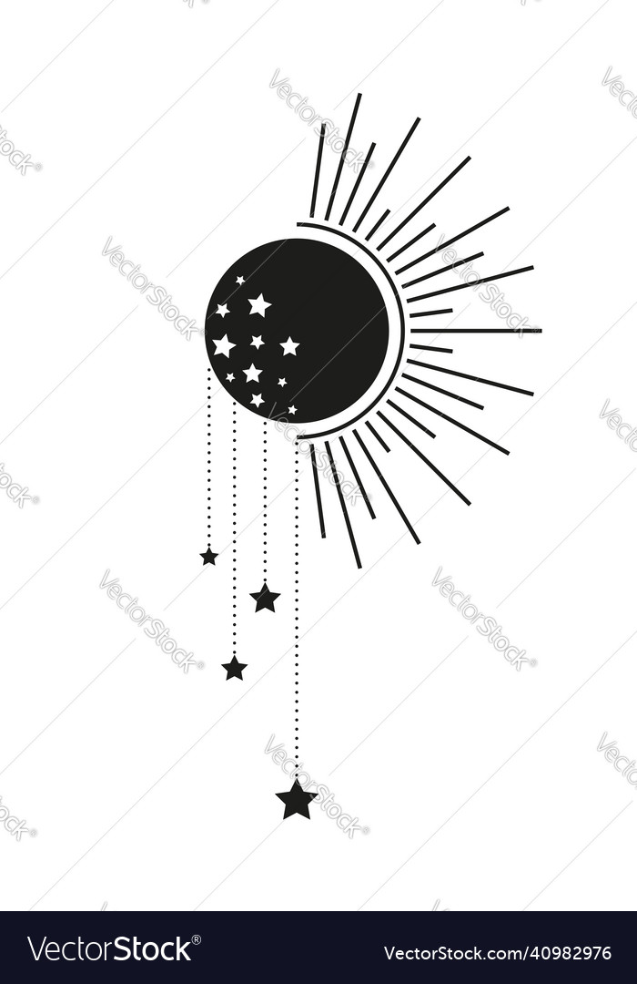 Black full moon and sun with stars icon boho style