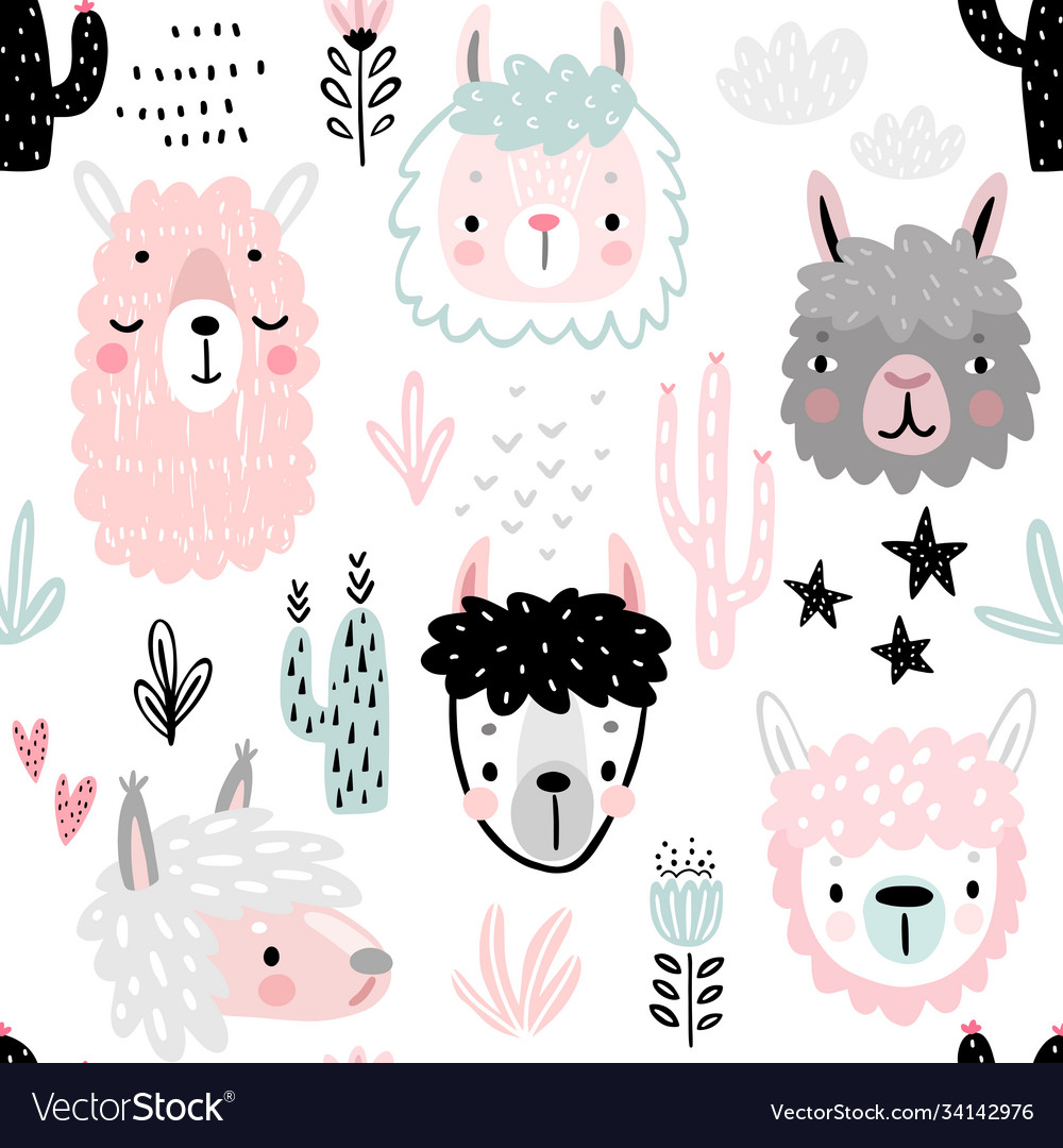 Seamless pattern with cute llamas childish alpaca Vector Image