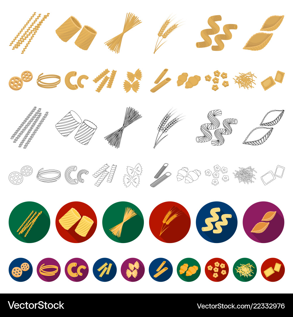 Types pasta cartoon icons in set collection Vector Image