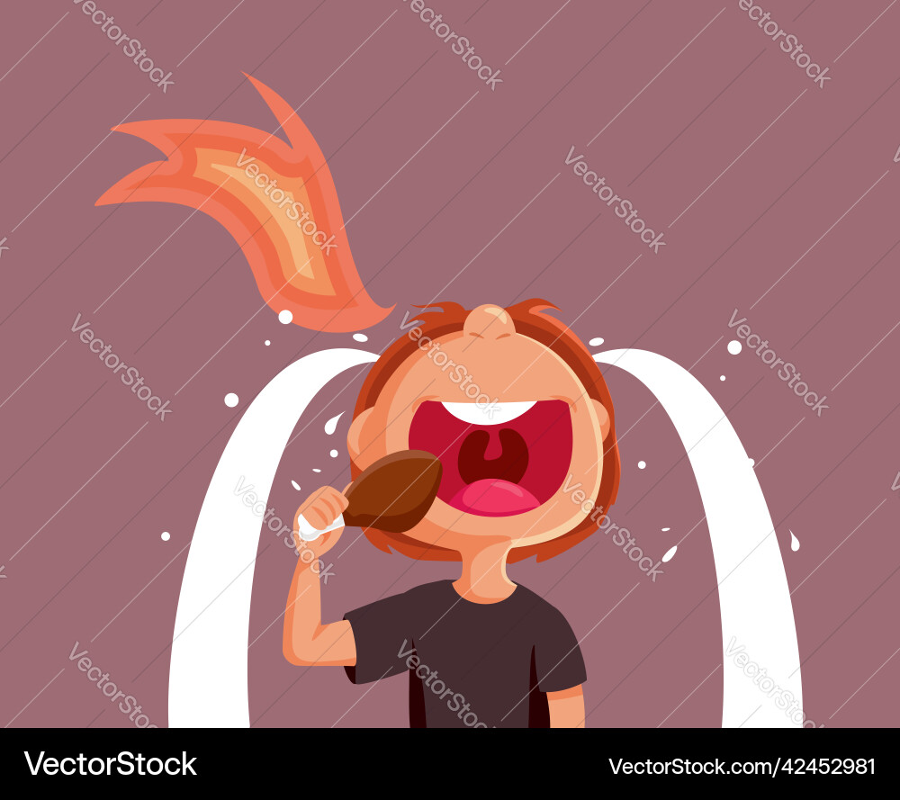 Crying boy eating spicy chicken cartoon Royalty Free Vector