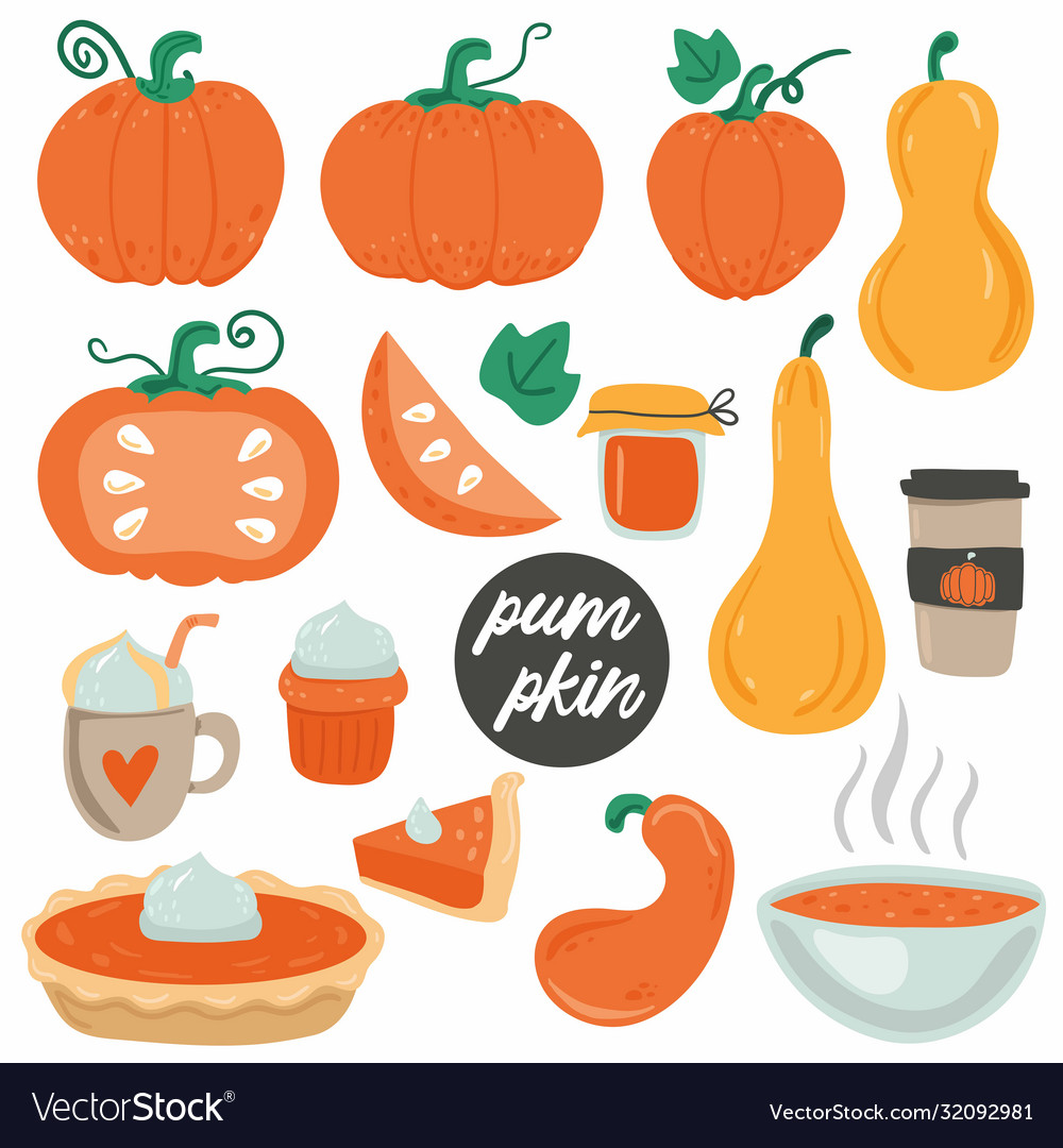 Pumpkin food set whole pie and slice spice latte Vector Image