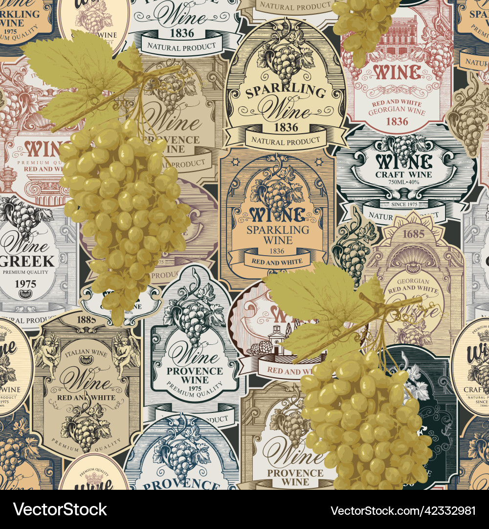 Seamless pattern of grape bunches and wine labels Vector Image