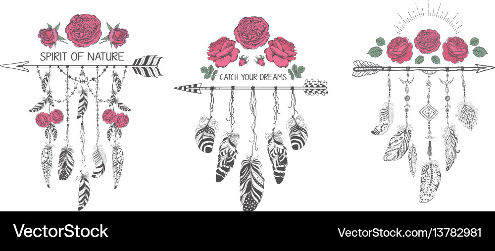 Set of hand drawn boho style design with rose Vector Image