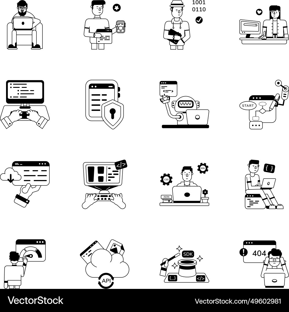 Set of web engineers glyph icons Royalty Free Vector Image