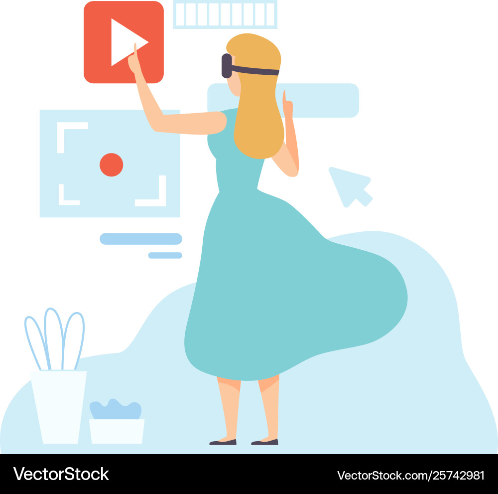 Woman wearing vr goggle headset with touching Vector Image