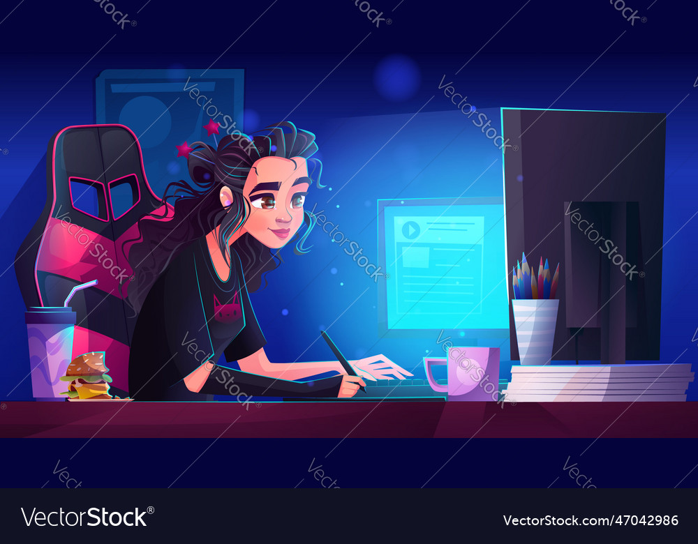 Female designer working on computer at night Vector Image