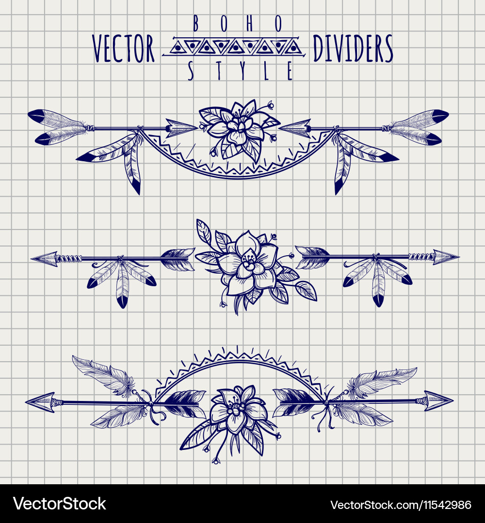 Flowers and arrows boho style dividers Royalty Free Vector