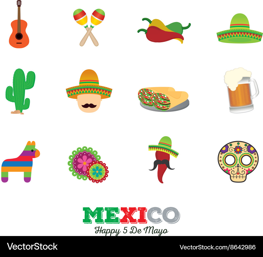Set different traditional mexican icons on a white