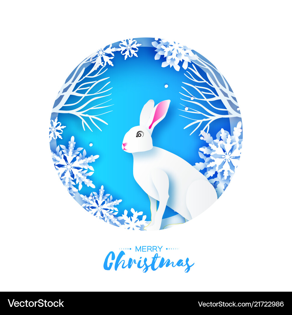 White rabbit in snowy frame merry christmas Vector Image