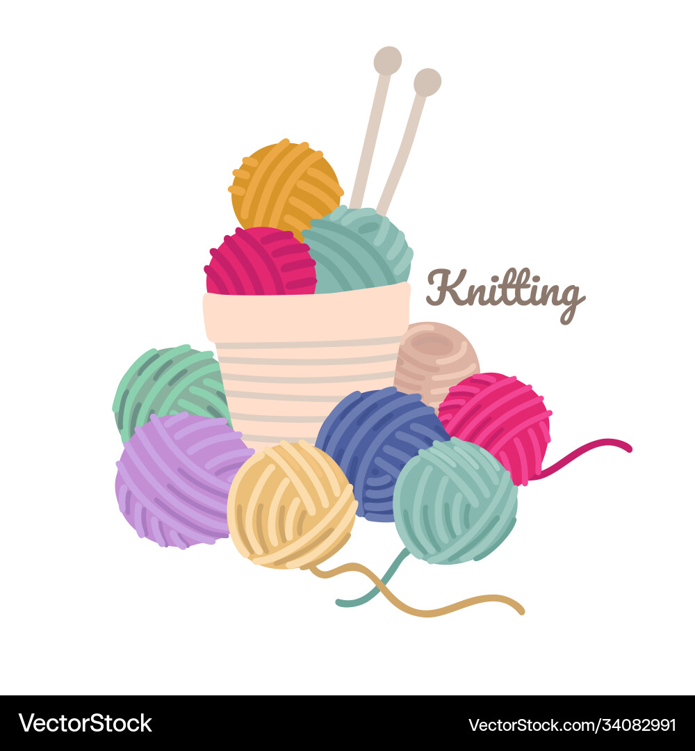 Basket with colored yarn balls and knitting Vector Image