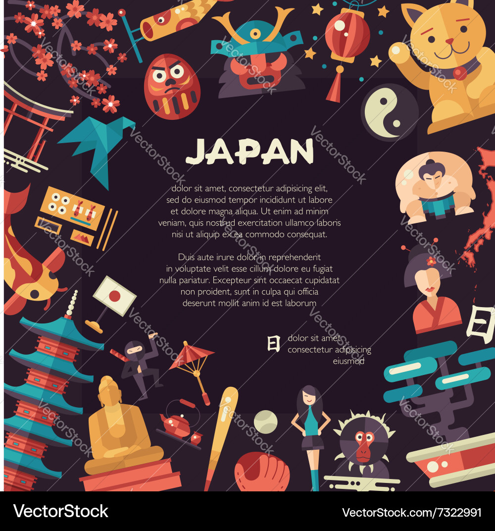 Flat design Japan travel postcard with landmarks Vector Image
