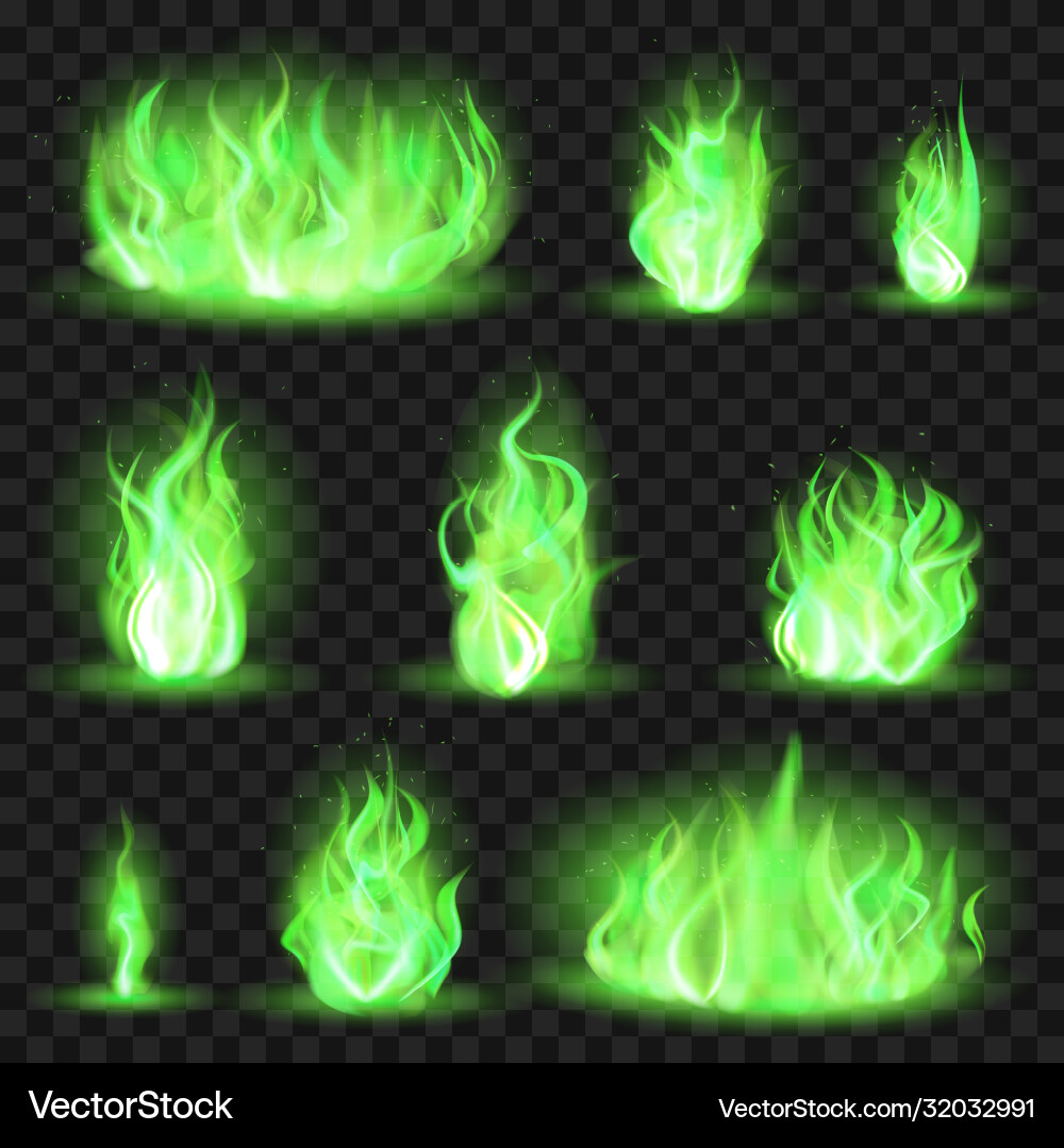 Realistic coloured fire green fiery blaze magic Vector Image