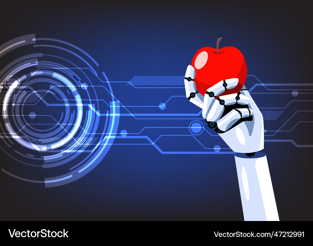 Robot hand is holding an apple on abstract Vector Image