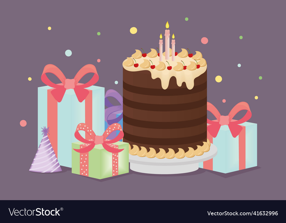 Birthday cake with gifts Royalty Free Vector Image