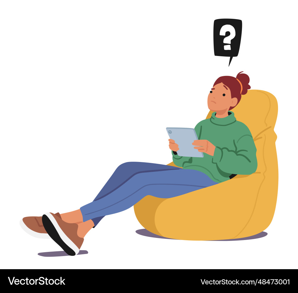 Disheartened woman scrolling tablet encountering Vector Image