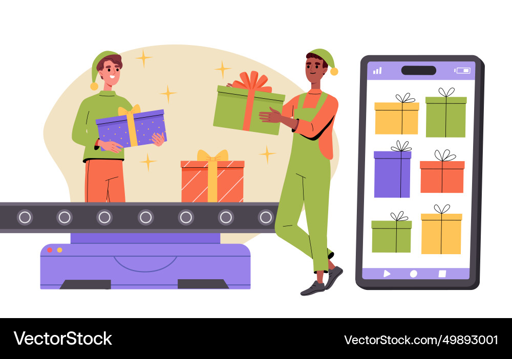 Employees prepare gifts concept Royalty Free Vector Image