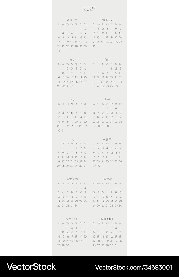 Monthly calendar year 2027 Royalty Free Vector Image