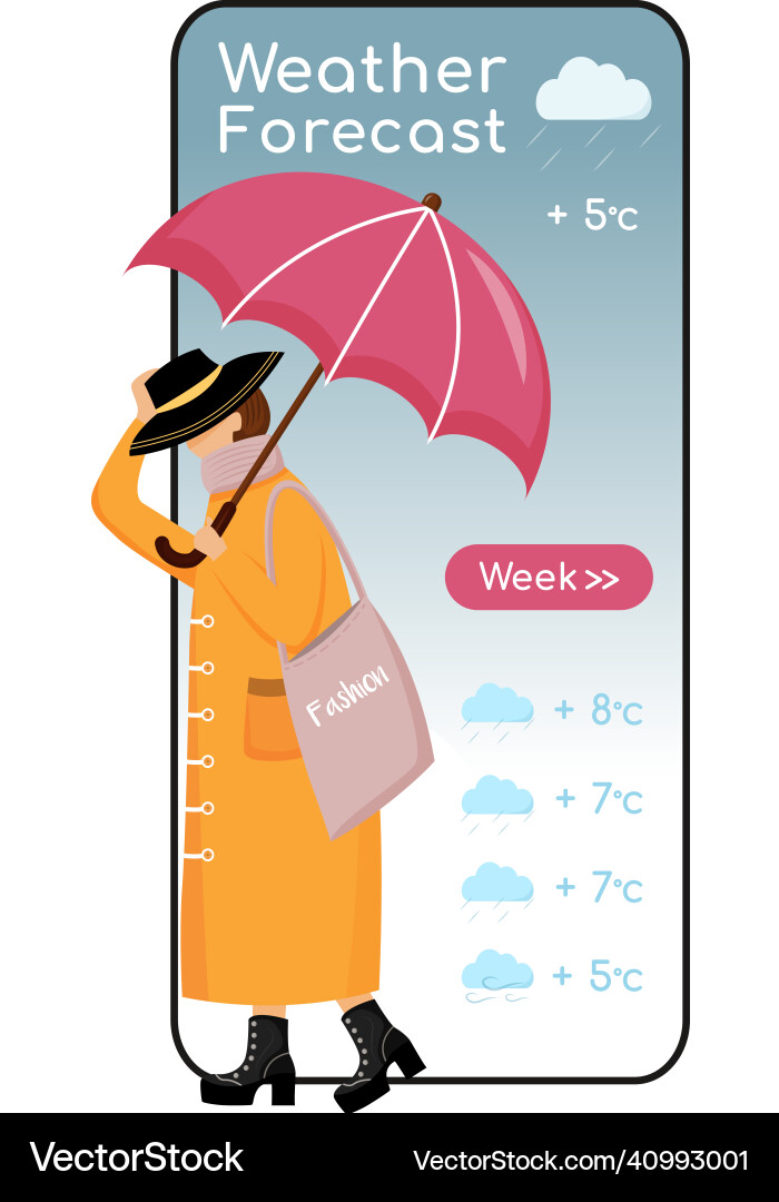 Weather forecast cartoon smartphone app screen Vector Image