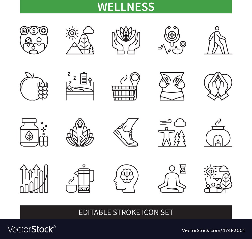 Wellness editable stroke icon set Royalty Free Vector Image