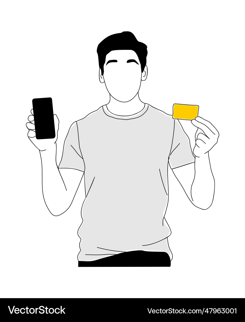 Young man standing with smartphone credit card Vector Image