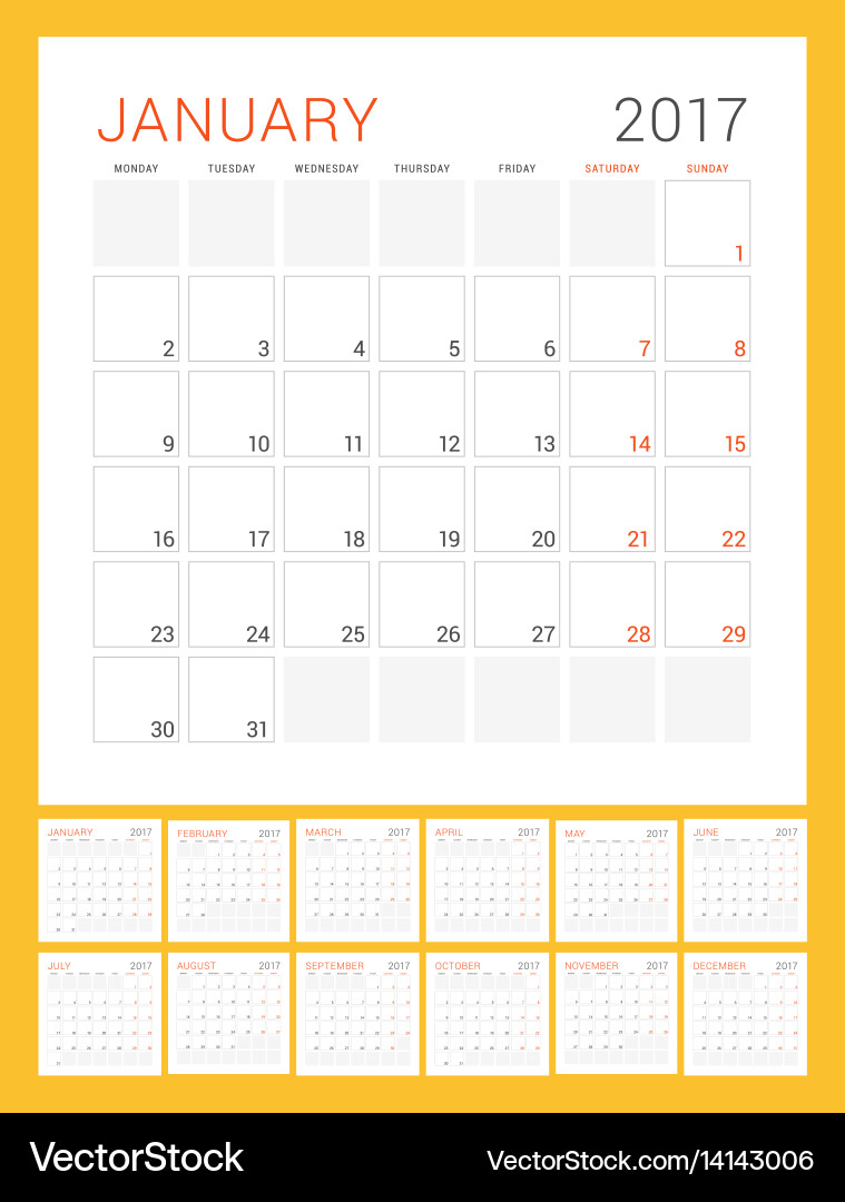 Calendar template for 2017 year week starts Vector Image