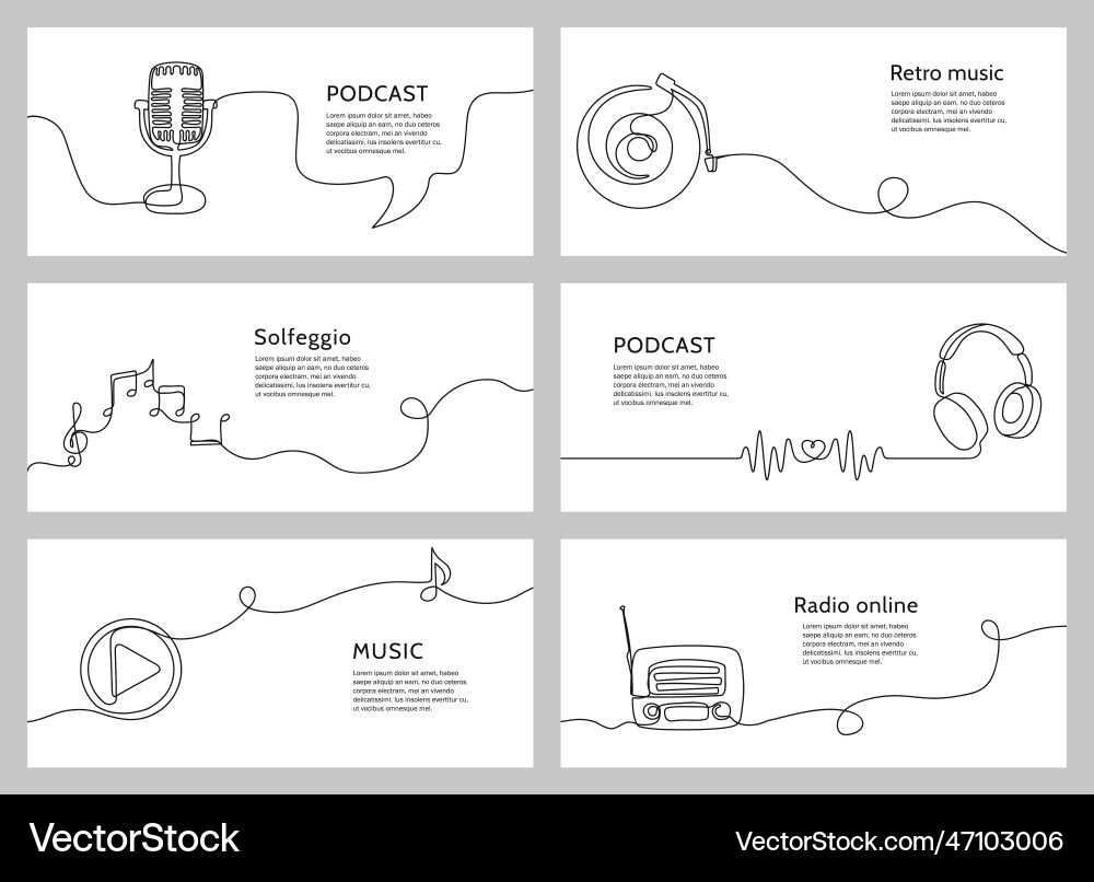 Continuous one line music banners audio podcast Vector Image
