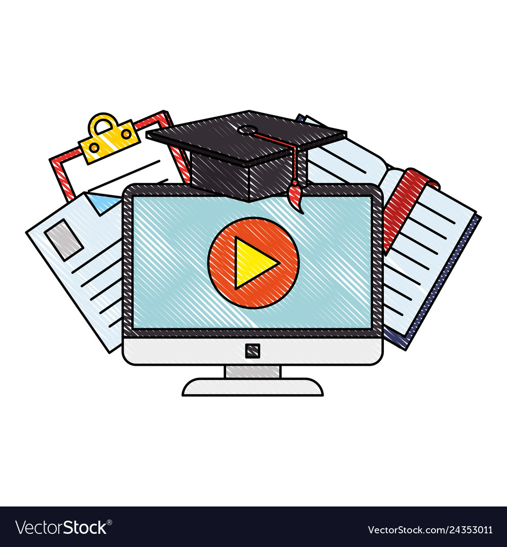 Computer with elearning icons Royalty Free Vector Image