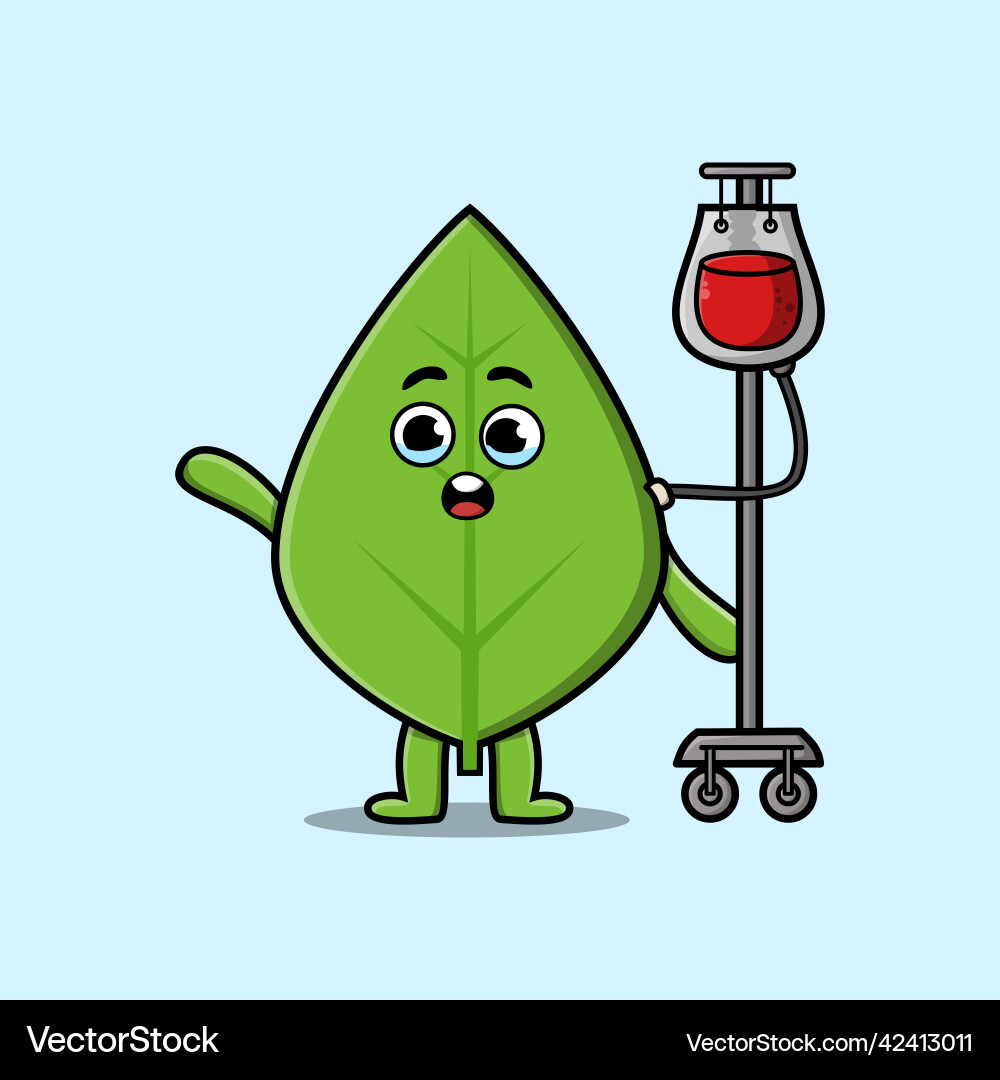 Cute cartoon green leaf having blood transfusion Vector Image