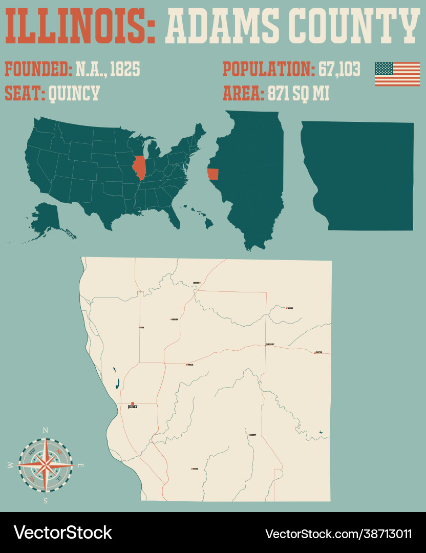 Map adams county in illinois Royalty Free Vector Image