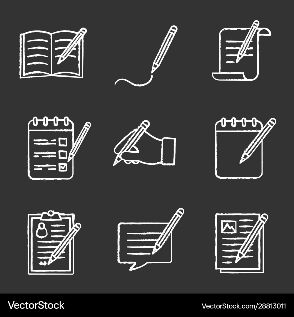Writing with pencil chalk icons set Royalty Free Vector
