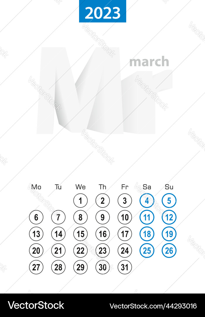 Calendar for march 2023 blue circle design Vector Image