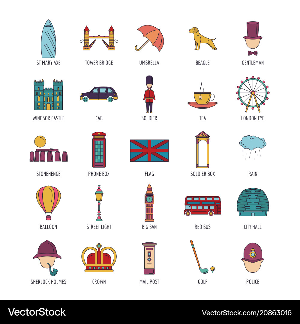 England icons set cartoon style Royalty Free Vector Image