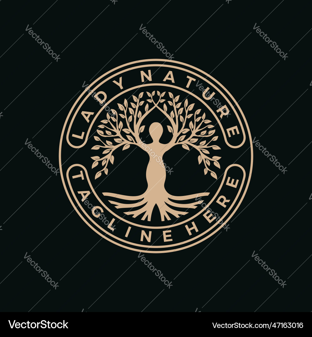 Lady tree in vintage badge template Royalty Free Vector