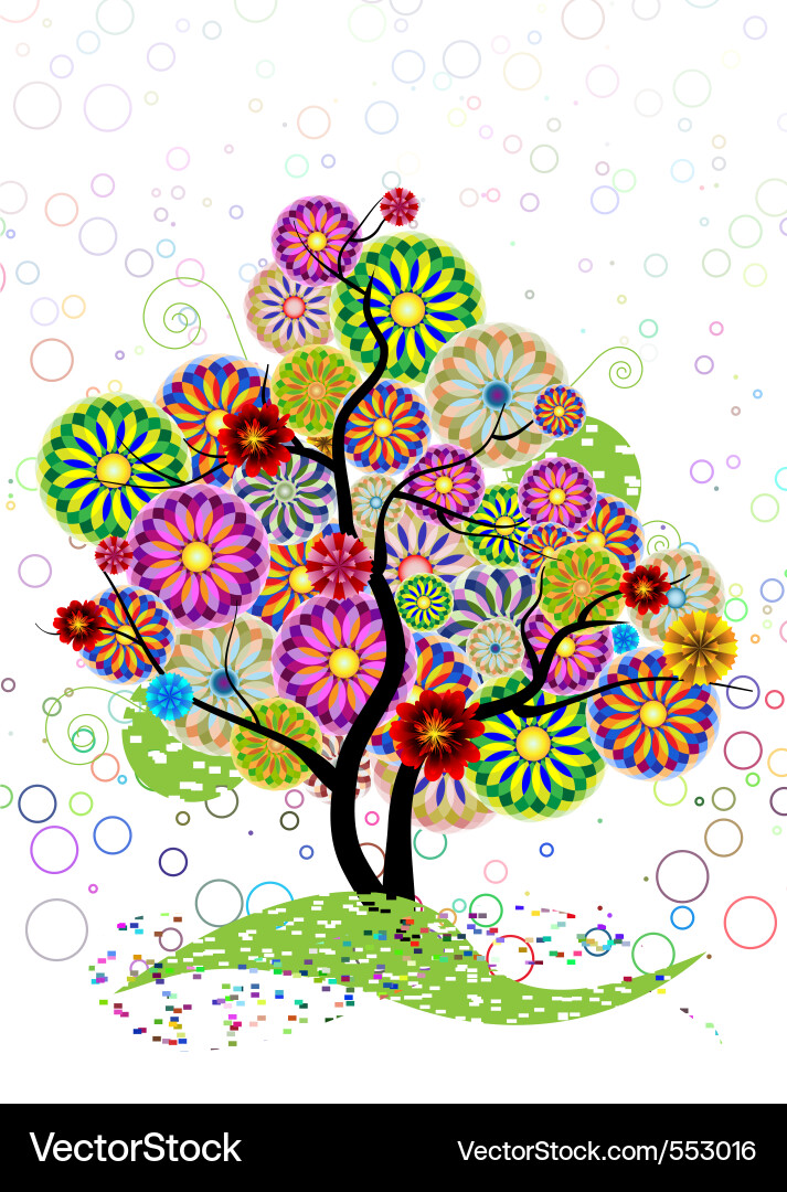 Ornamental tree circles flowers and curled on a Vector Image