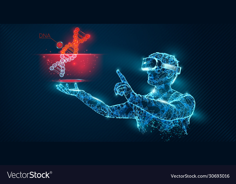 Vr wireframe headset man with dna code Royalty Free Vector