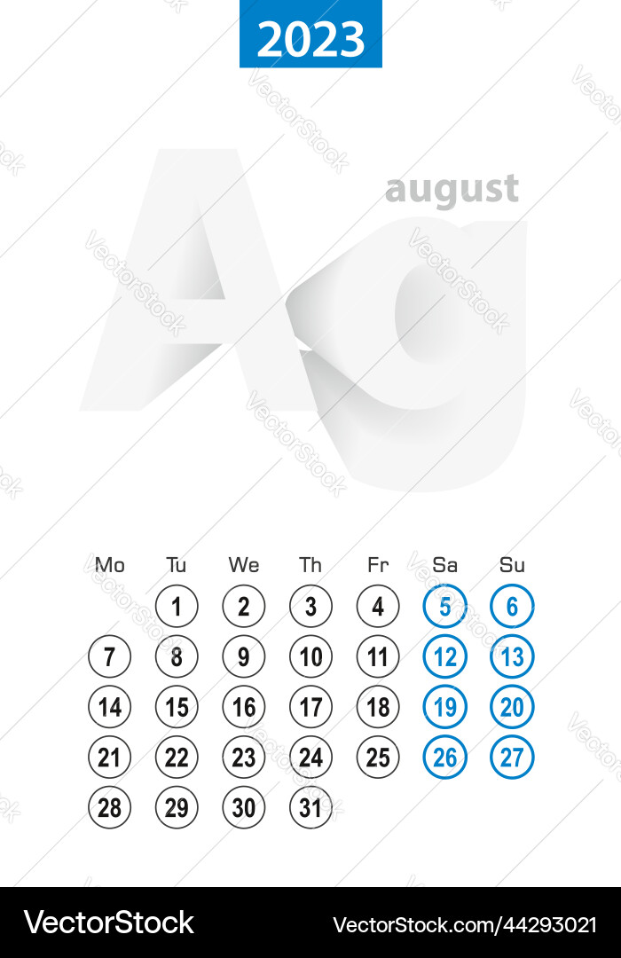 Calendar for august 2023 blue circle design Vector Image