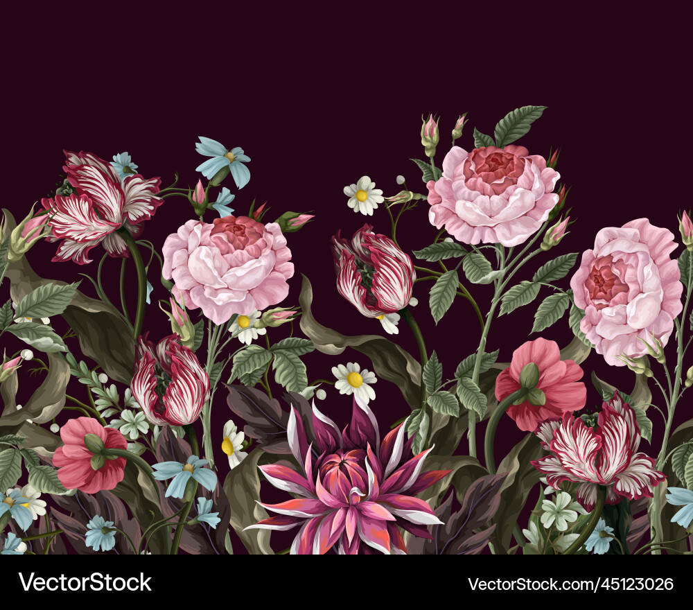 Border pattern with vintage flowers such as roses Vector Image