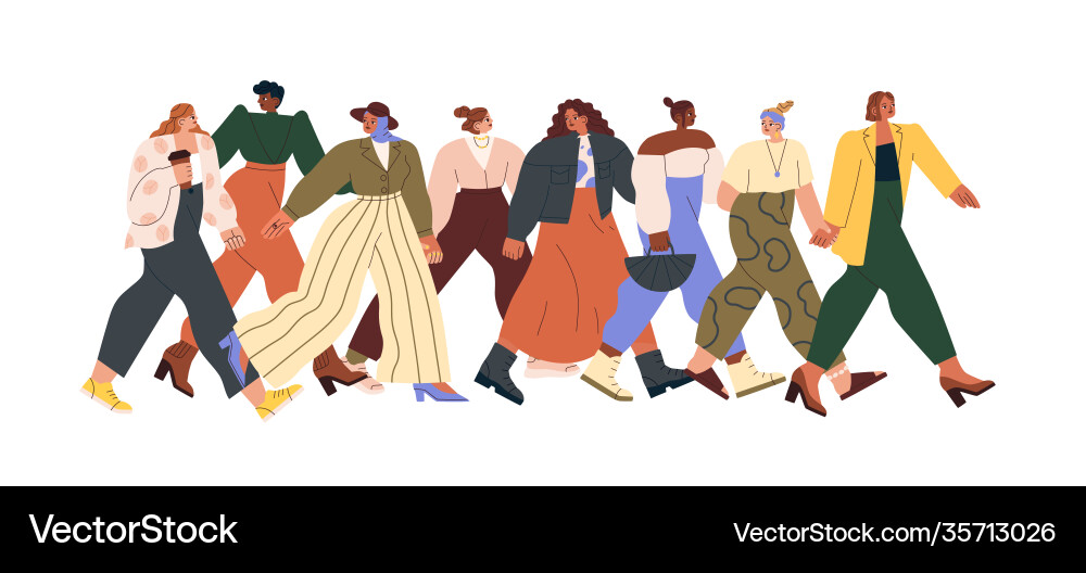 Group different women walking together and Vector Image