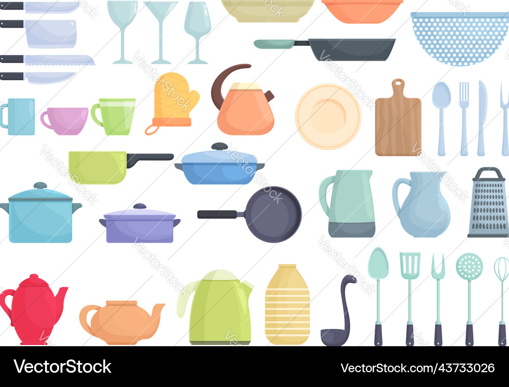 Tableware icons set cartoon glass tea Royalty Free Vector