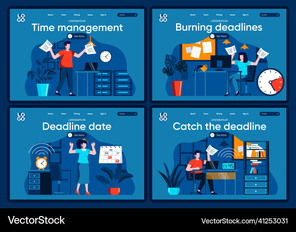 Catch the deadline flat landing pages set Vector Image