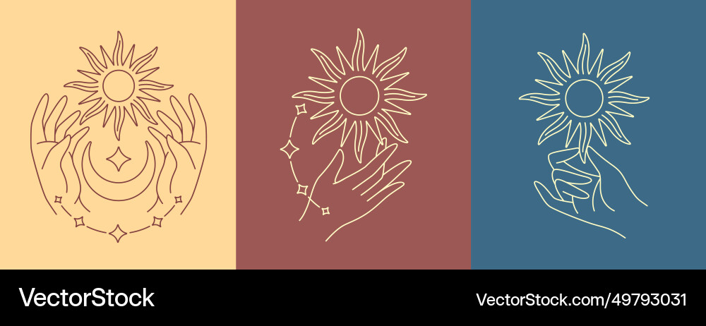 Hand and sun line art design collection Royalty Free Vector