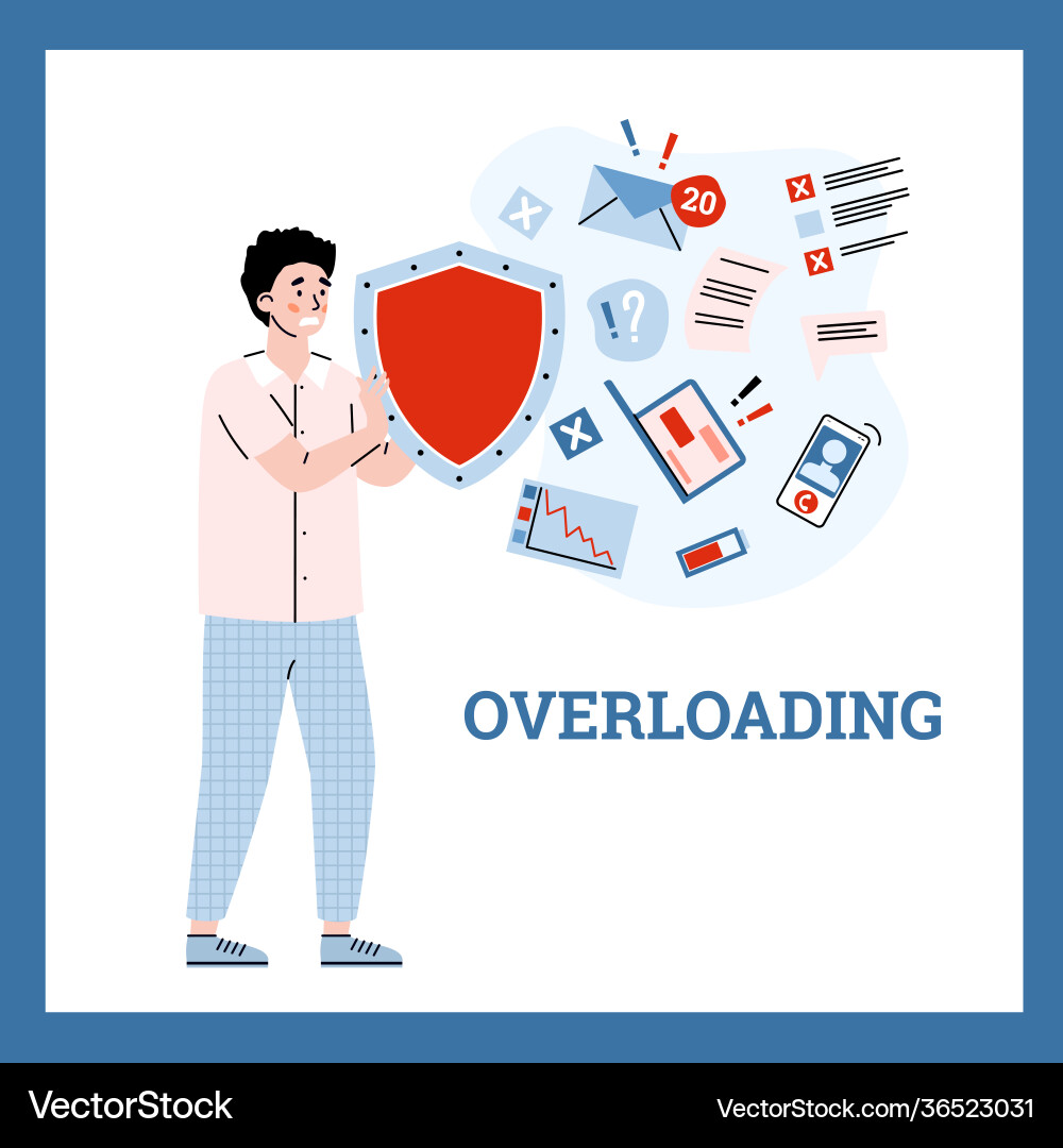 Man in stress with shield for protection from Vector Image