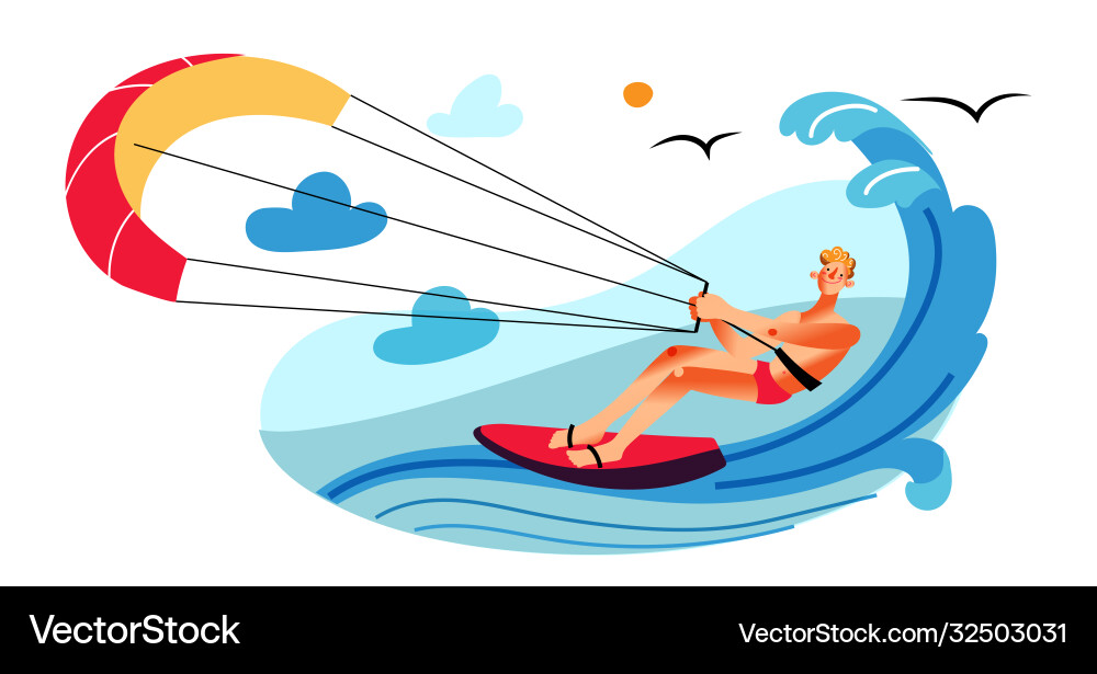 Man parasailing on surfboard behind motor boat Vector Image