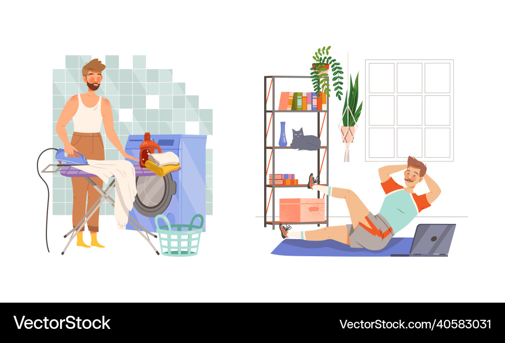People staying or spending weekend at home set Vector Image