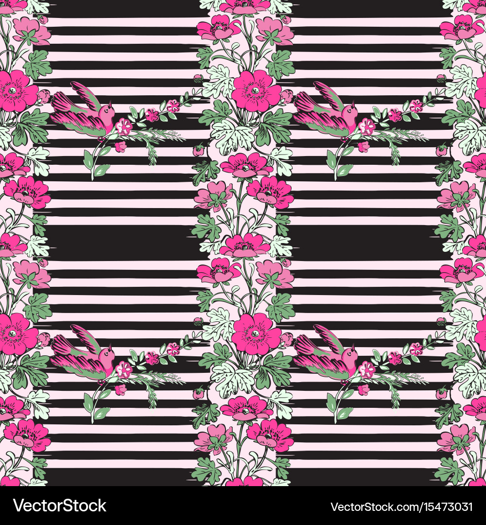 Seamless exotic bird flying and botanical border Vector Image