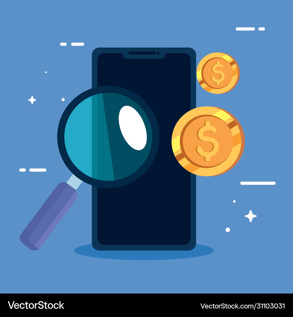 Smartphone with coins and magnifying glass Vector Image