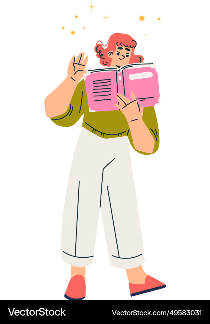 Woman character standing with book finding Vector Image