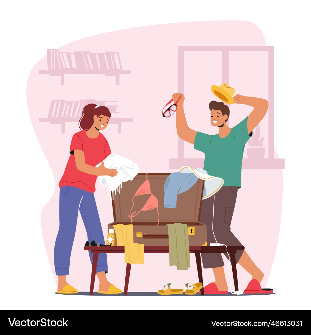 Young couple packing a suitcase together deciding Vector Image