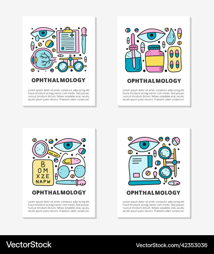Cards with doodle colored ophthalmology icons Vector Image