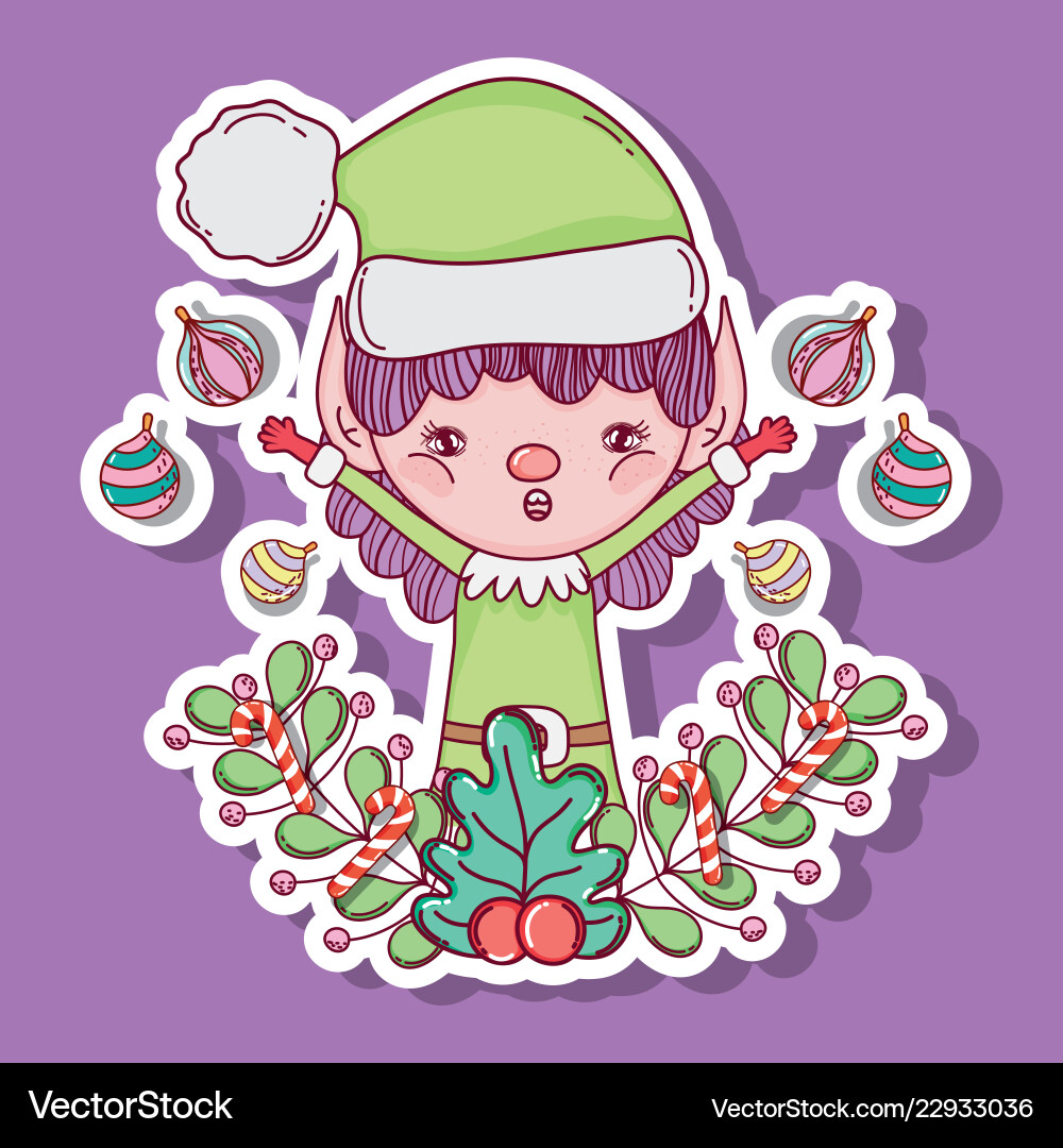 Elf with balls and branches leaves decoration Vector Image